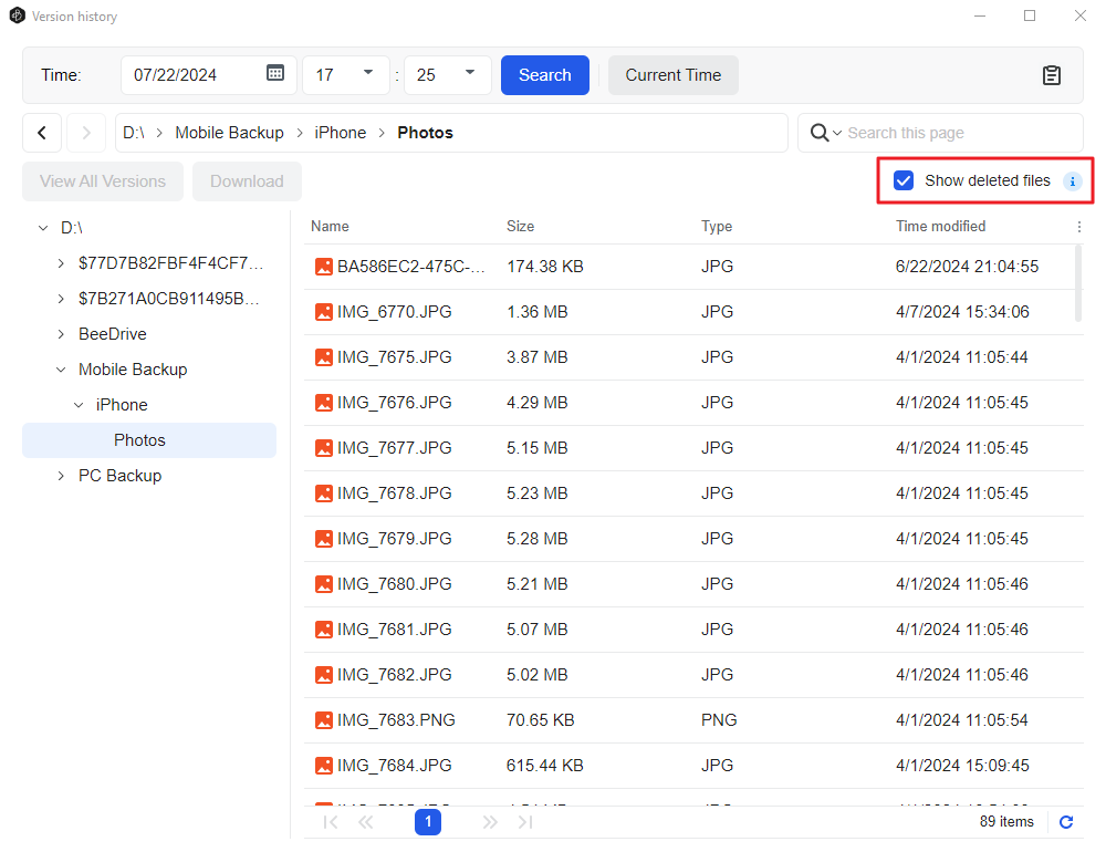 Where can I find deleted files or previous file versions from BeeDrive ...