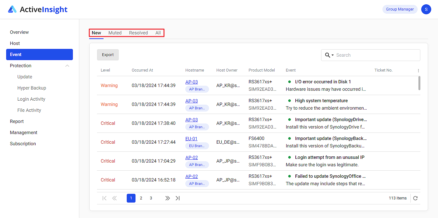 Active Insight web portal - Event - Synology Knowledge Center