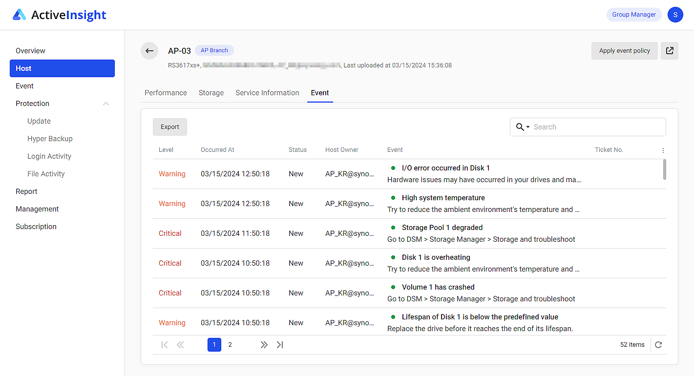 Active Insight web portal - Host - Synology Knowledge Center