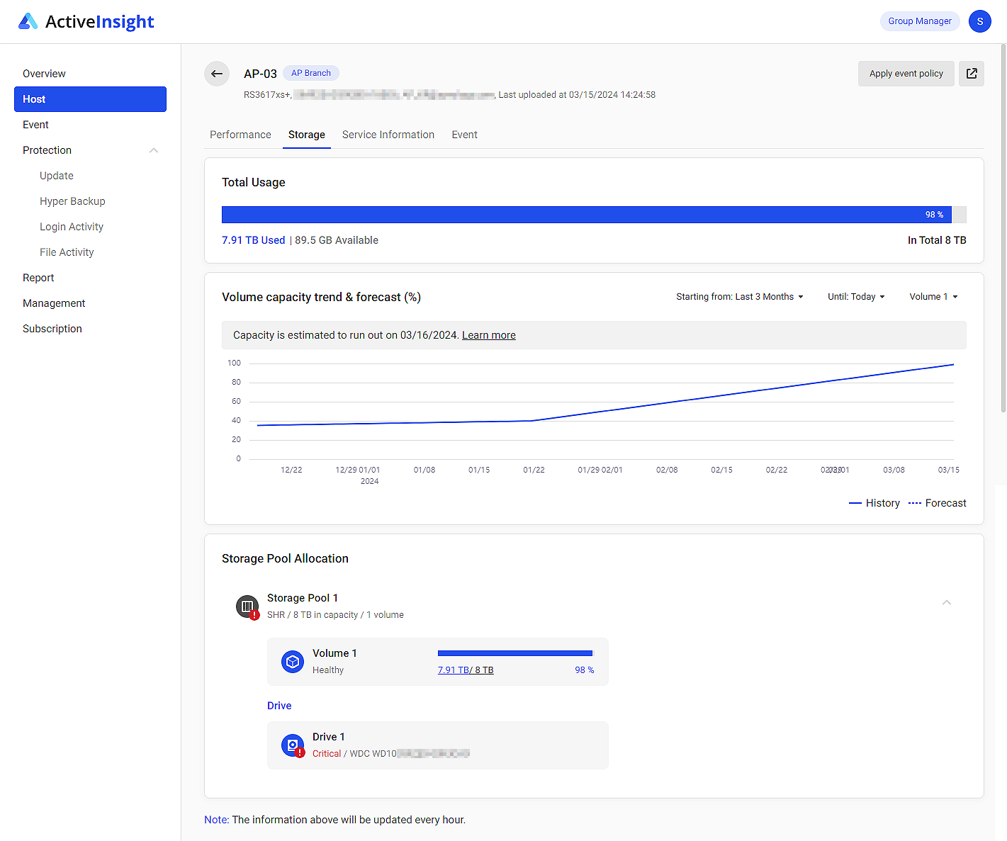 Active Insight 웹 포털 호스트 Synology 지식 센터