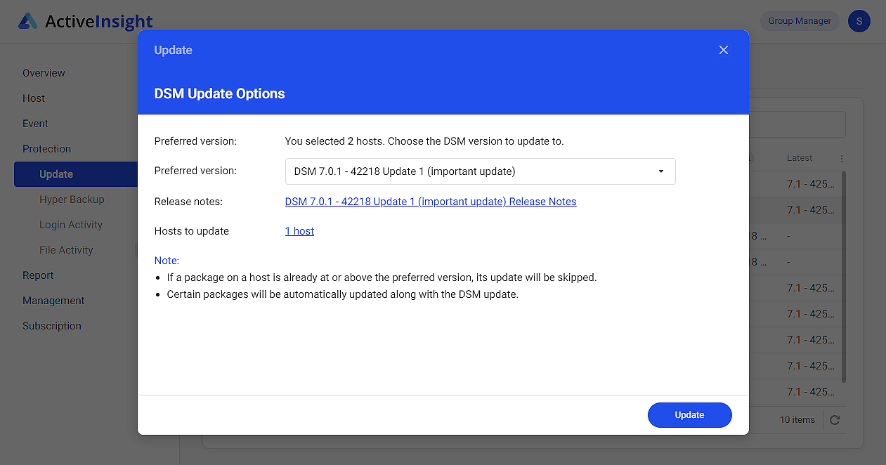 Active Insight web portal - Protection - Update - Synology Knowledge Center