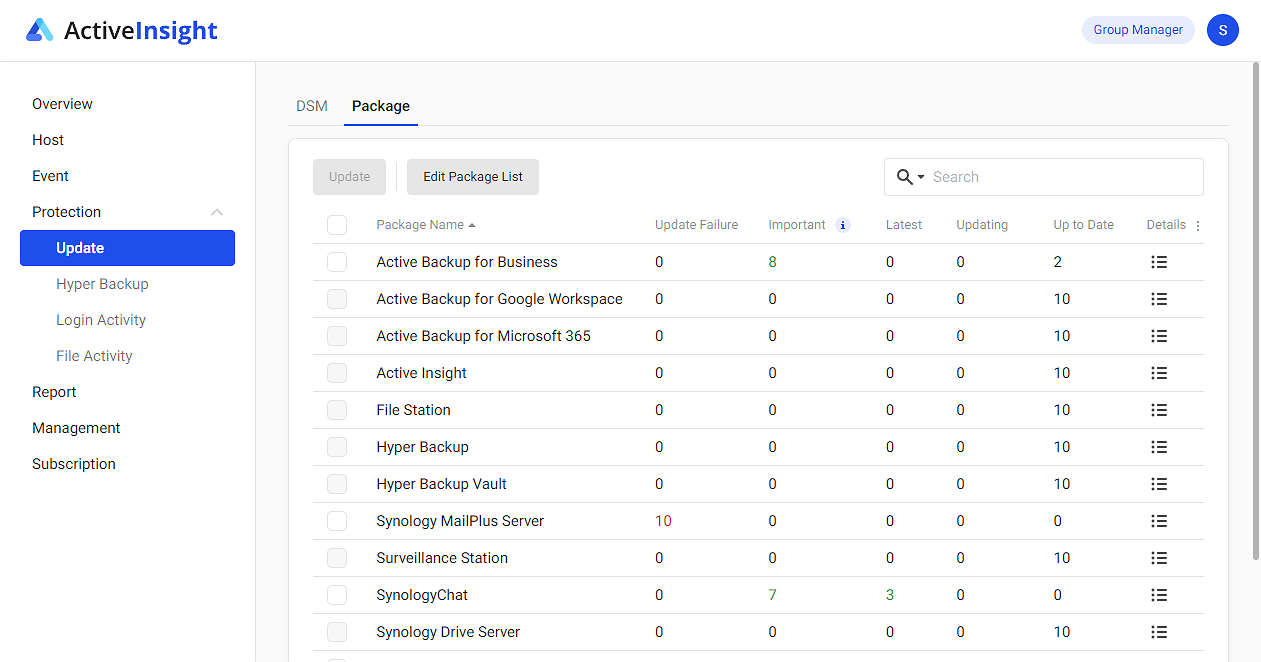 Active Insight web portal - Protection - Update - Synology Knowledge Center