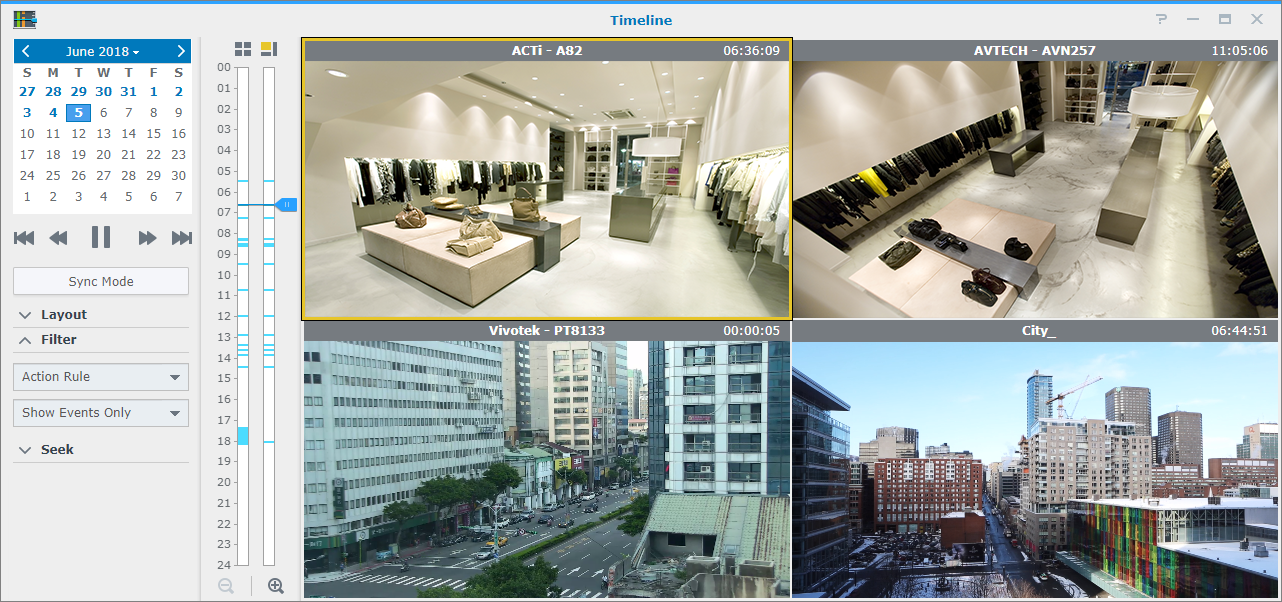 타임라인 응용 프로그램을 사용하여 동시에 여러 카메라의 녹화 파일 시청 Surveillance Station 시작하기